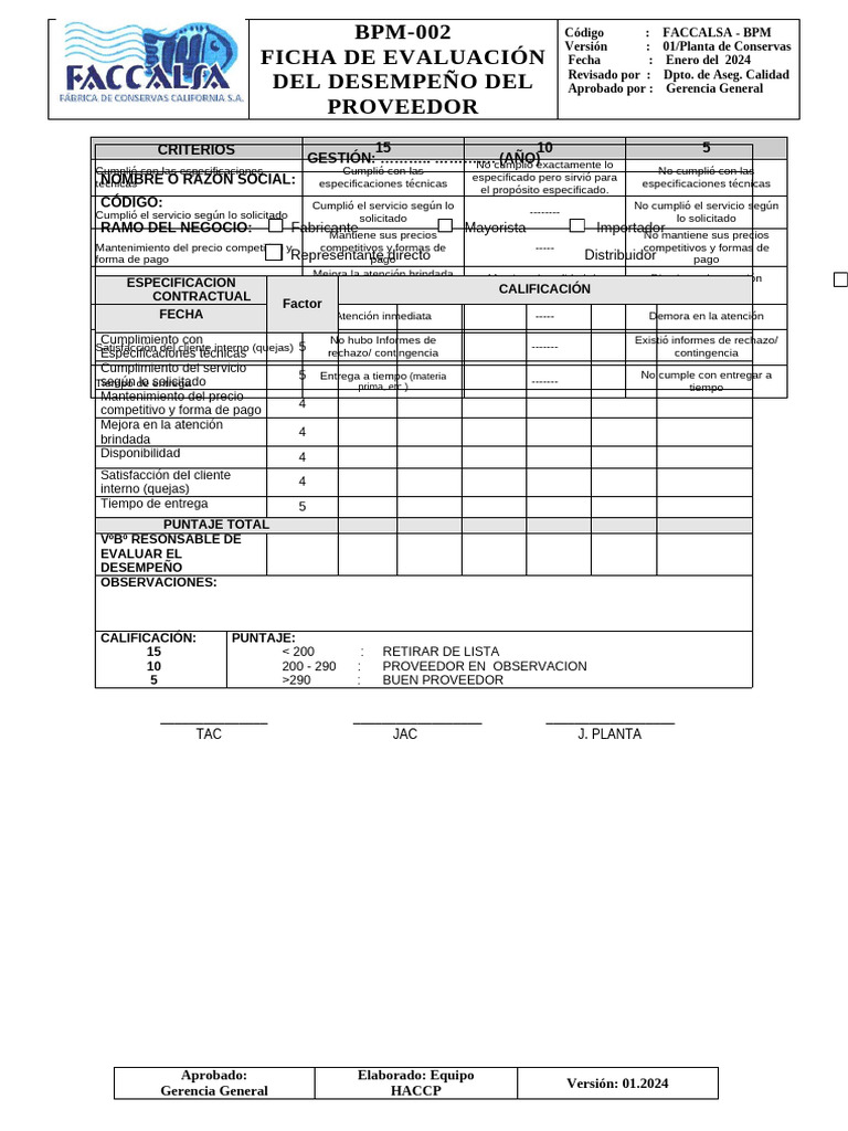 Ficha de Evaluación Proveedor 2024 California | PDF | Negocios económicos | Economias