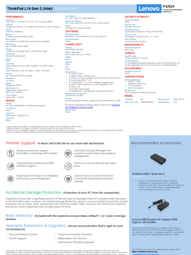 ThinkPad L14 Gen 2 Intel 20X2SAQW00 | PDF | Ingeniería Informática ...