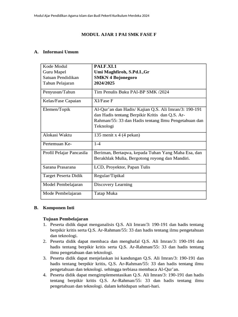 MODUL AJAR 1 PAI SMK KELAS XI BAB 1 - Ganjil | PDF