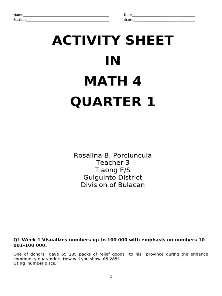 Activity Sheet Math 4 Q1 | PDF