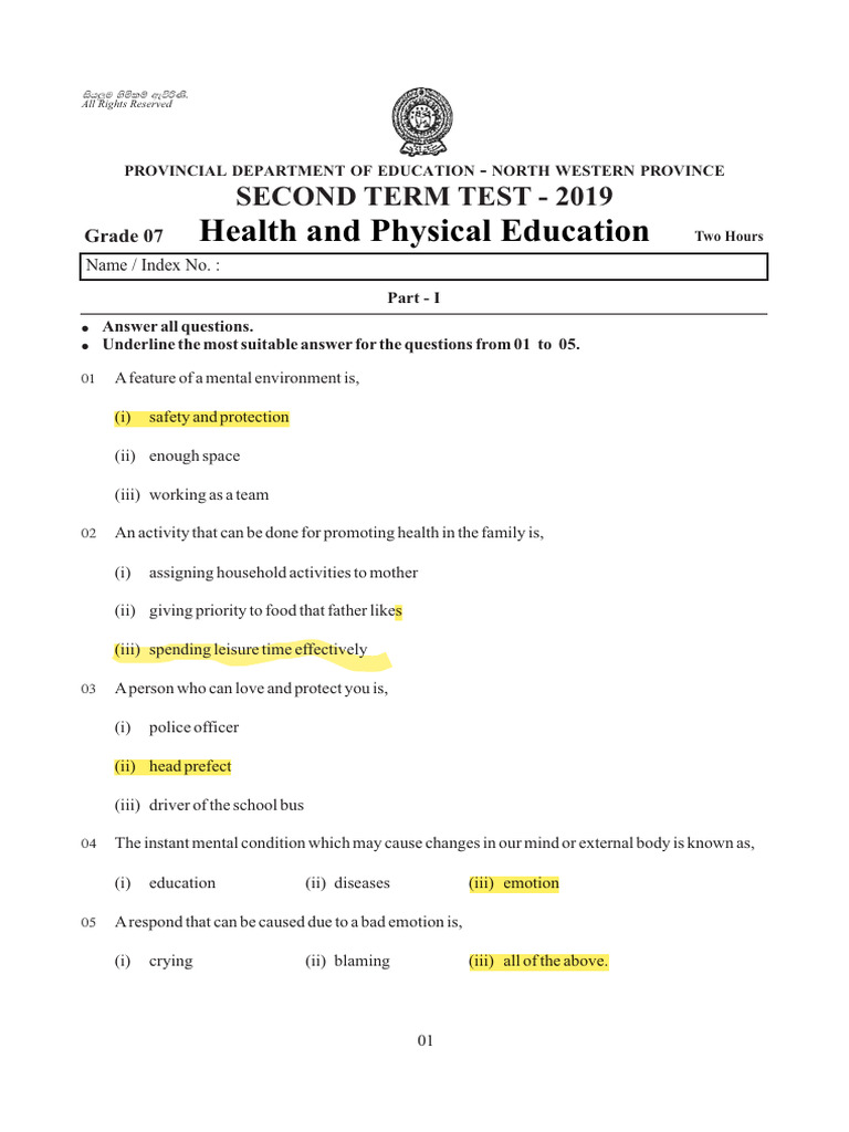 Grade 7 Health 2nd Term Test 2019 | PDF | Respiratory System