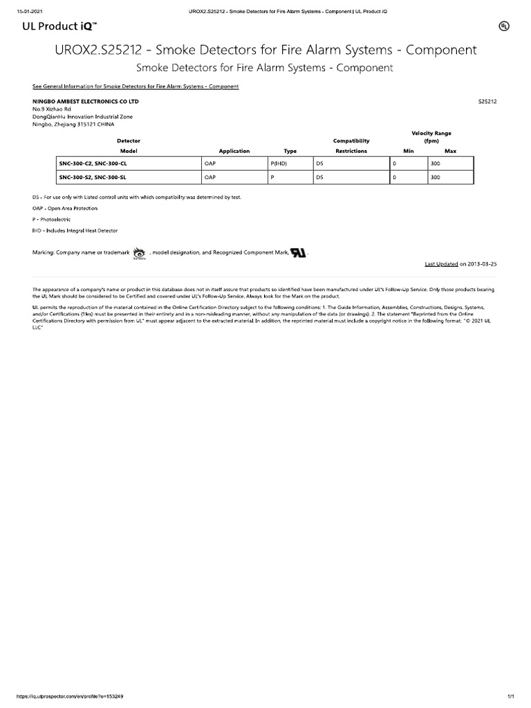 Certificado Ul Detector Snc-300-s2 | PDF