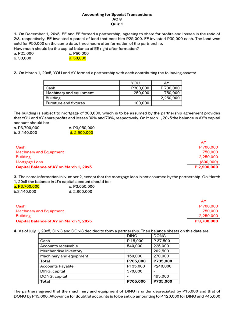 AC 8 Quiz 1 With Solution | PDF | Partnership | Goodwill (Accounting)