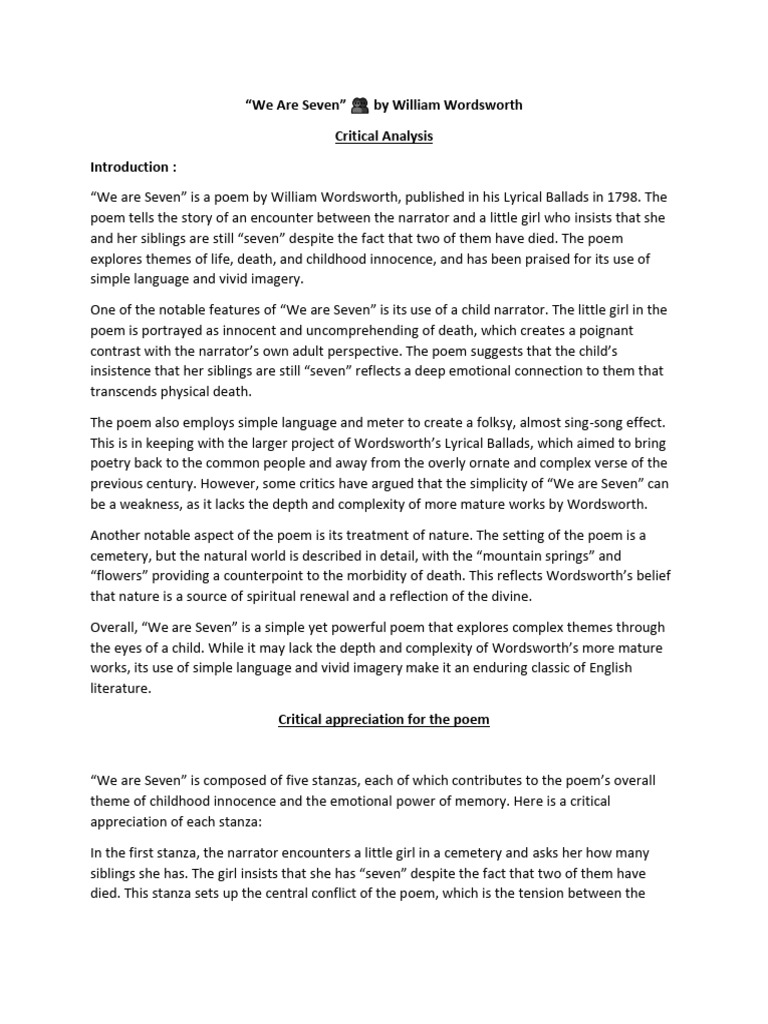 "We Are Seven" by William Wordsworth Critical Analysis | PDF