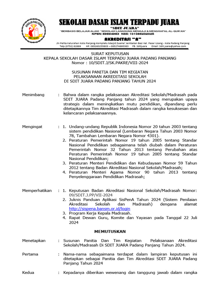 SK Tim Akreditasi - Sdit Juara 2024 | PDF