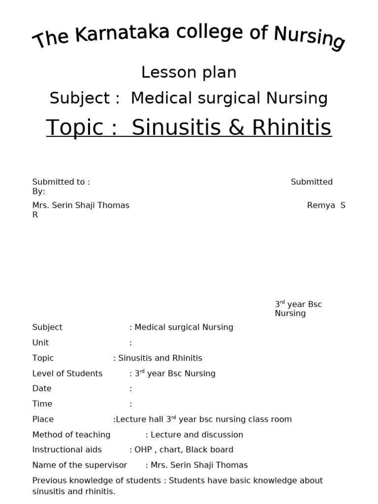 Sinusitis Rhinitis Remya R Lesson Plan | PDF