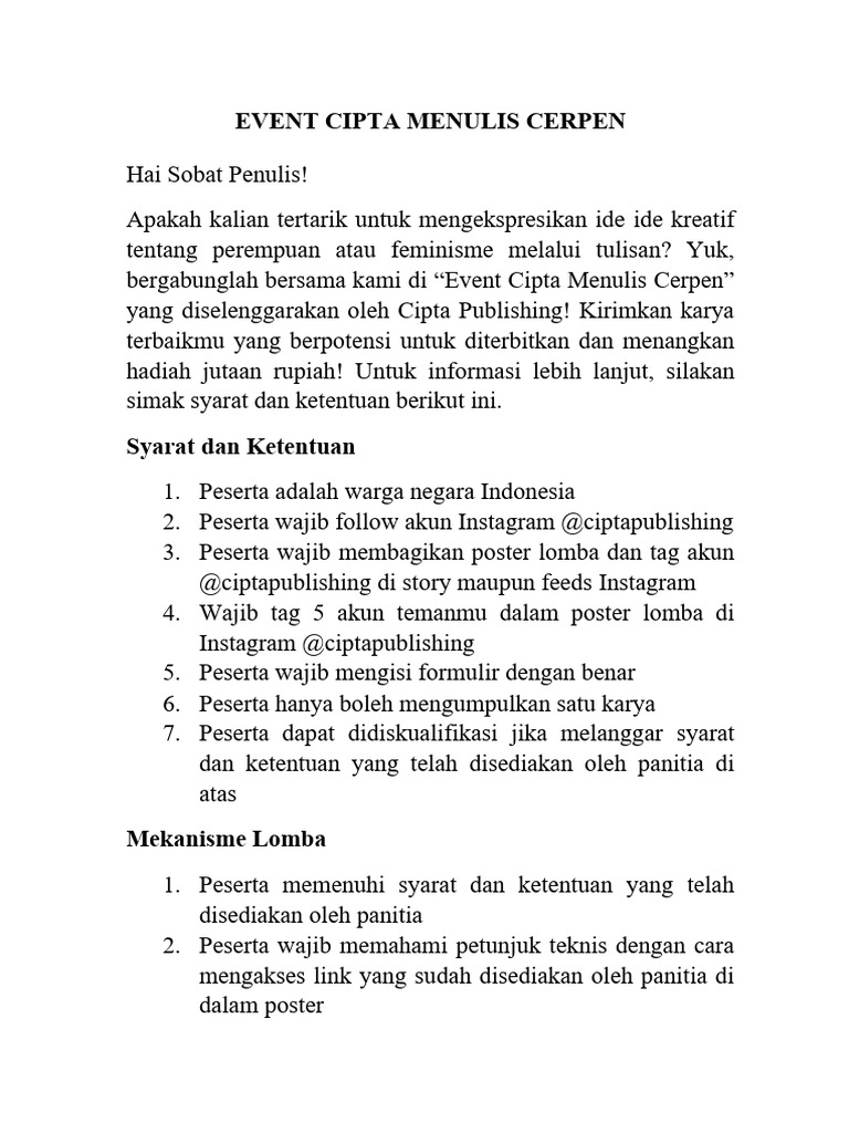 Juknis Event Cipta Menulis Cerpen | PDF