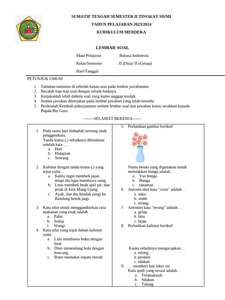 Soal PTS KUMER Bahasa Indonesia Kls 2 | PDF