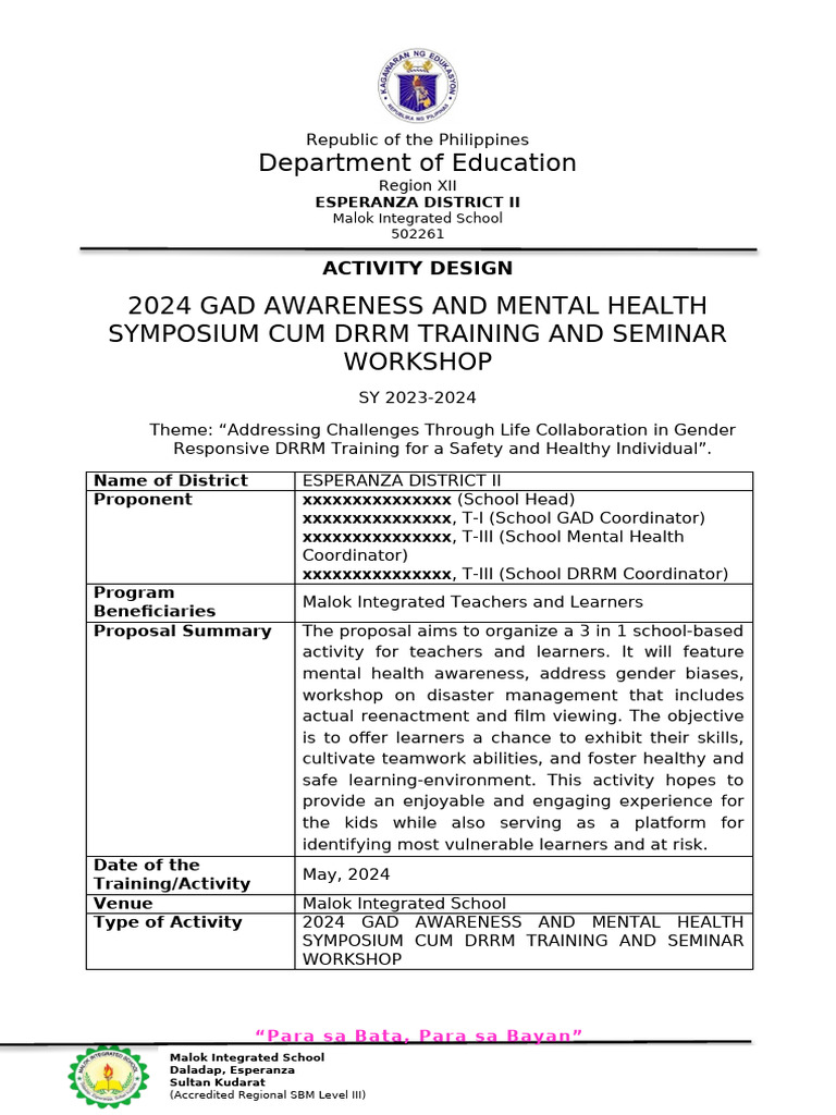 Activity Design - DRRM, Mental and GAD For SCRIBD | PDF