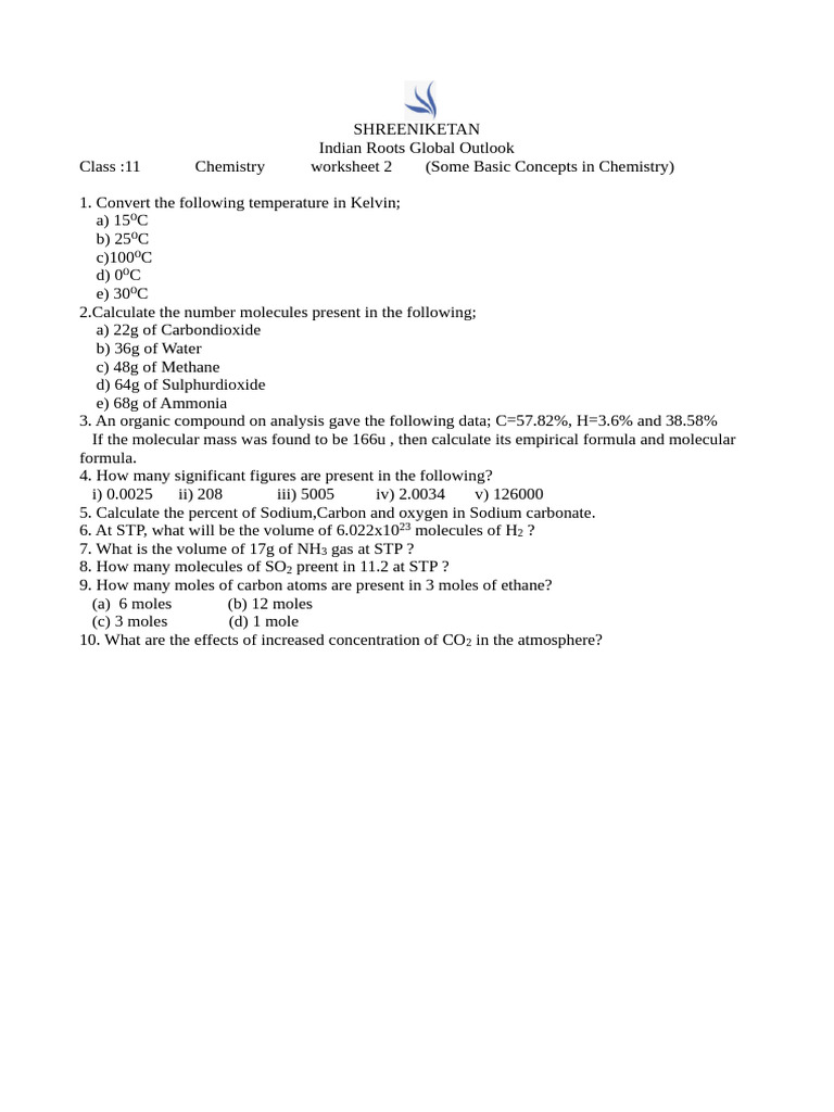 G11 Che Worksheet 2 | PDF
