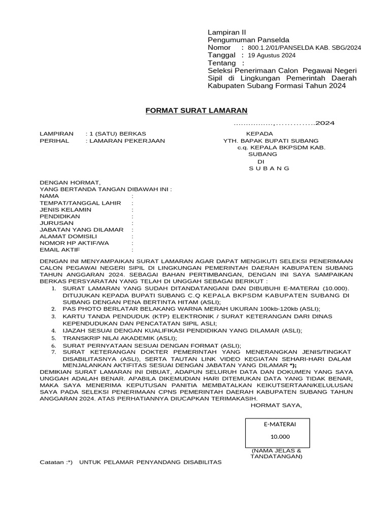 Lampiran II Format Surat Lamaran | PDF