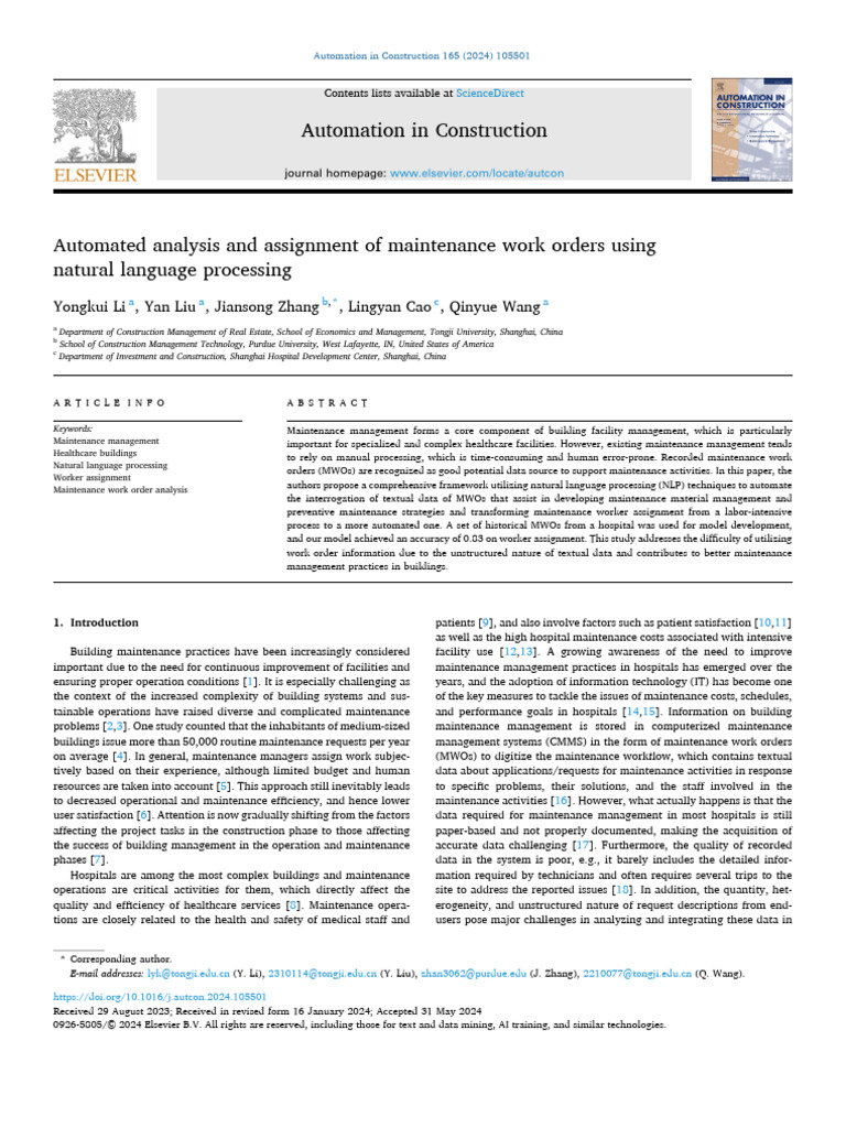 Automated Analysis and Assignment of Maintenance Work Orders Using ...
