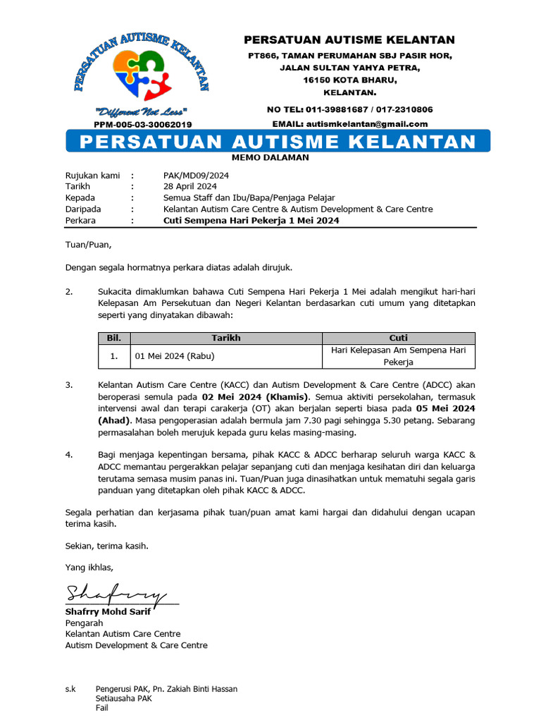 MEMO-09-Cuti Sempena Hari Pekerja | PDF