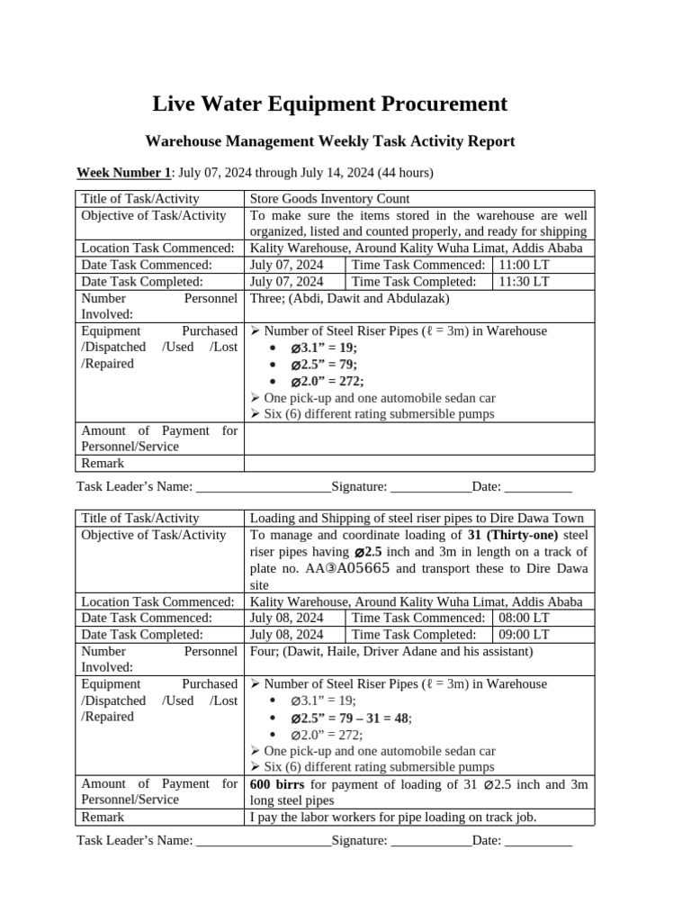 Warehouse Management Weekly Task Activity Report | PDF