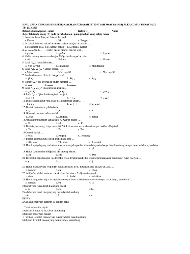 Soal Ujian Q Hadis Kelas 2 MID 2024 | PDF