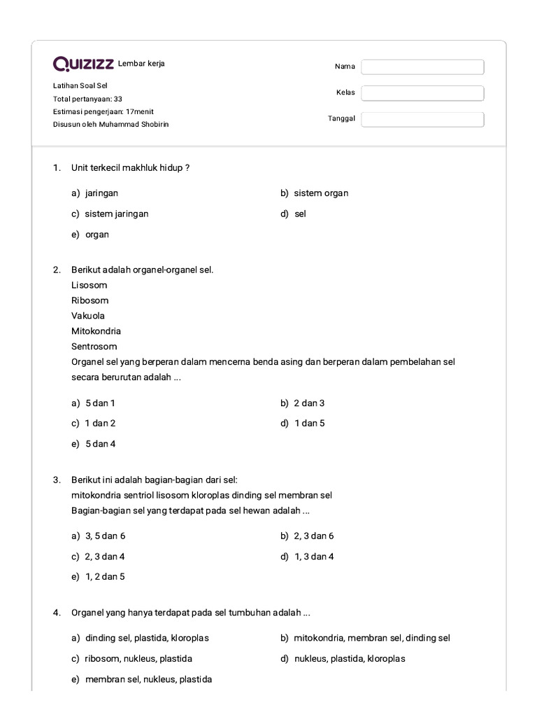 Latihan Soal Sel - Quizizz | PDF
