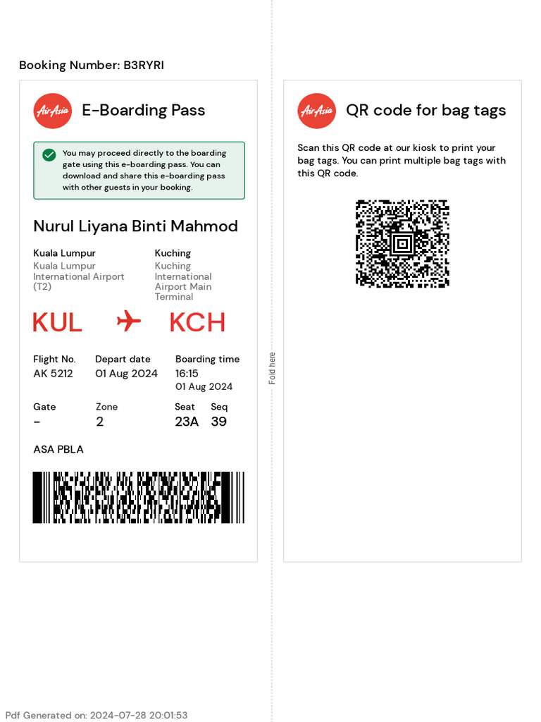 E-Boarding Pass QR Code For Bag Tags: Booking Number: B3RYRI | PDF