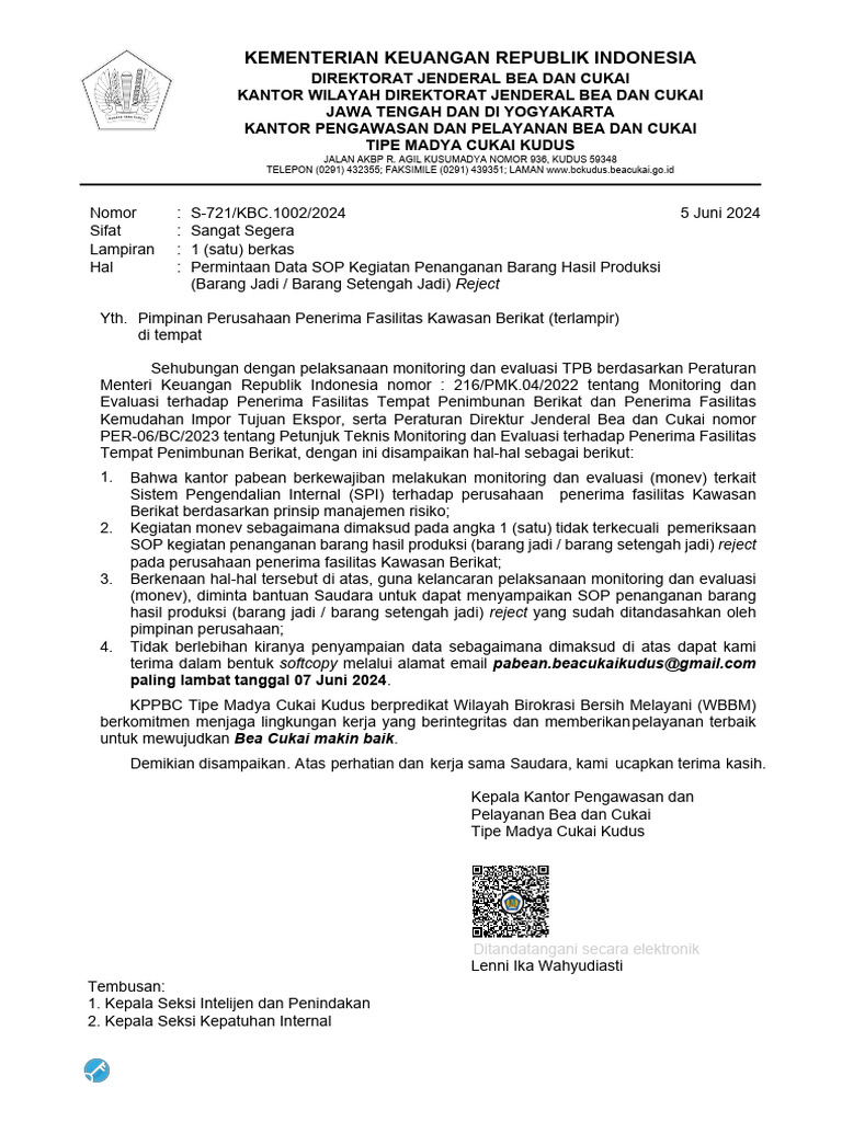 Permintaan Data SOP Kegiatan Penanganan Barang Hasil Produksi (Barang ...