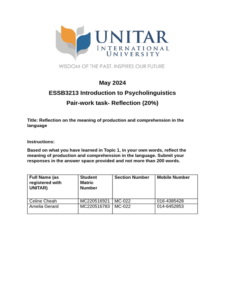 Intro To Psycholinguistics - Reflection Pair Work | PDF