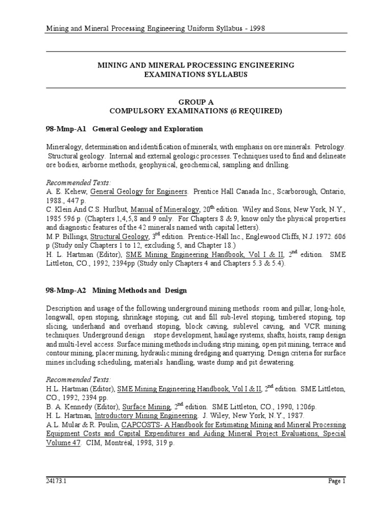 Mining Engineering Syllabus 1998 | PDF | Mining | Economic Geology