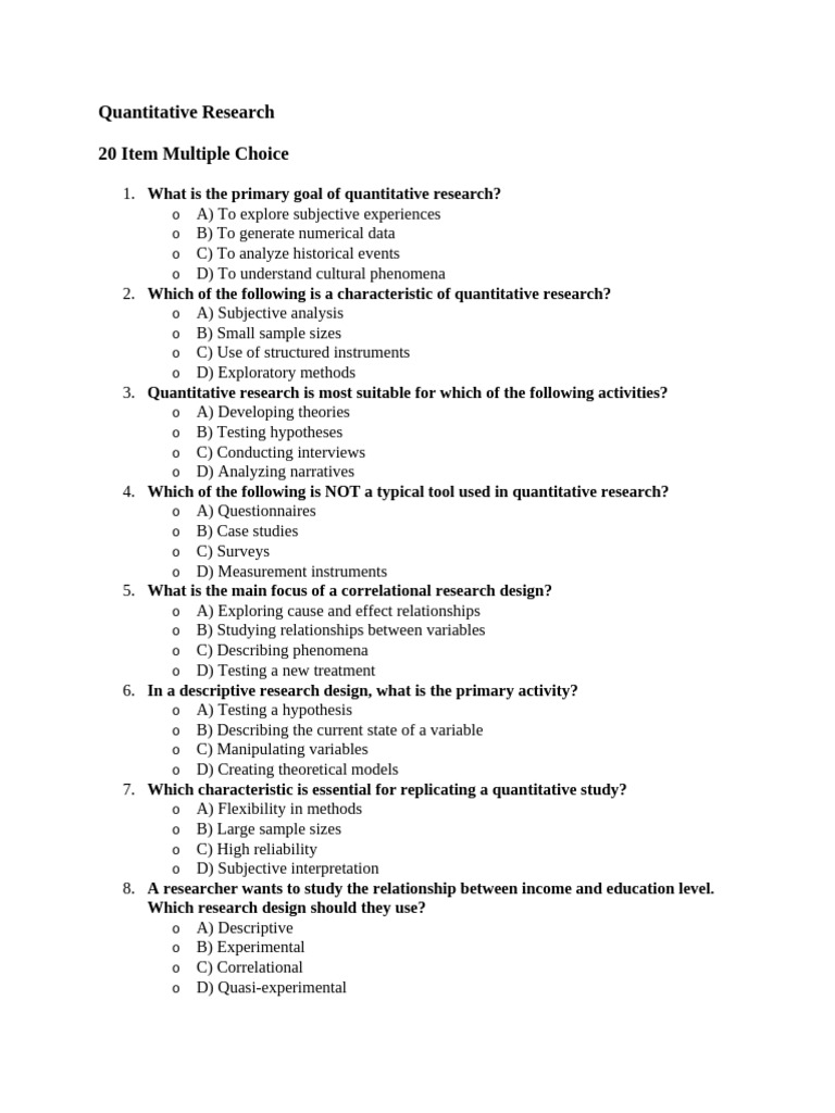 20 Item Multiple Choice Questions On Quantitative Research | PDF