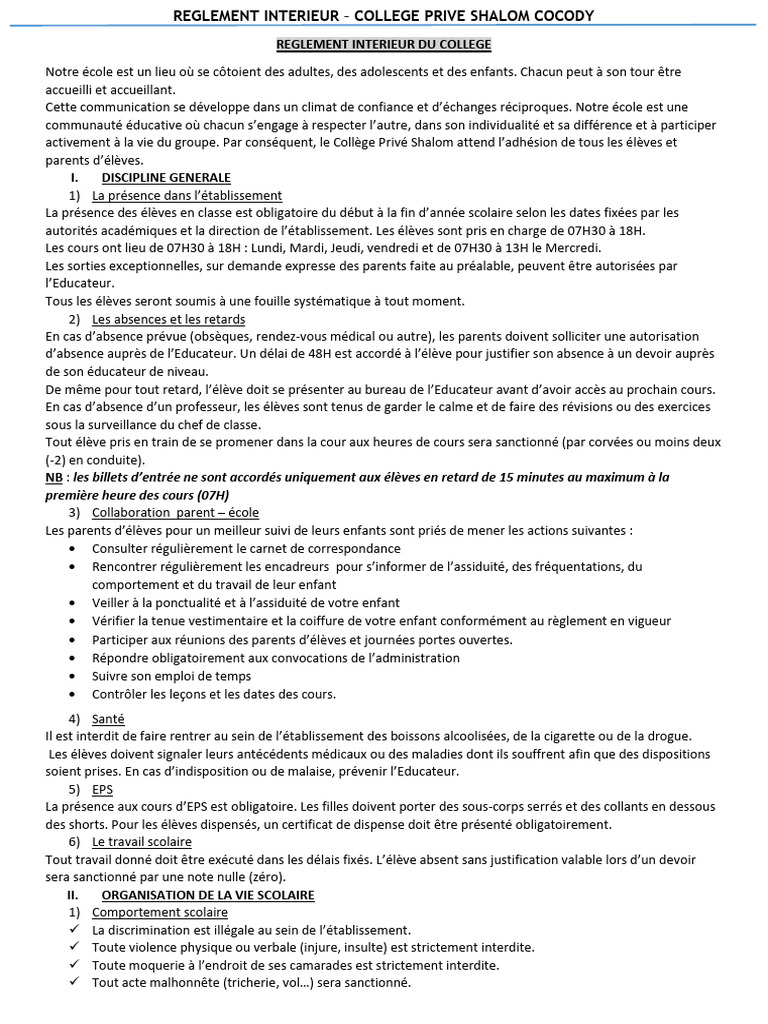Reglement Interieur Du College | PDF
