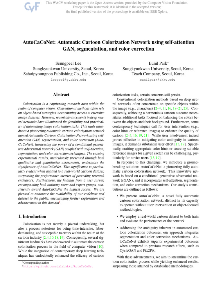 Lee AutoCaCoNet Automatic Cartoon Colorization Network Using Self-Attention GAN Segmentation and ...