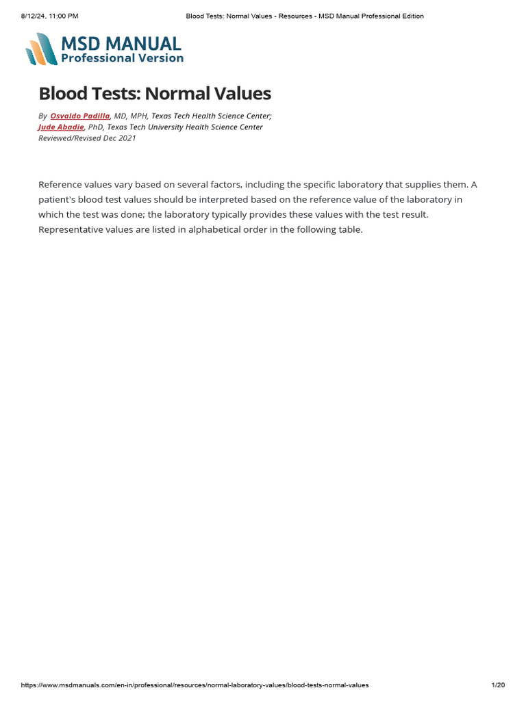 Blood Tests - Normal Values - Resources - MSD Manual Professional ...