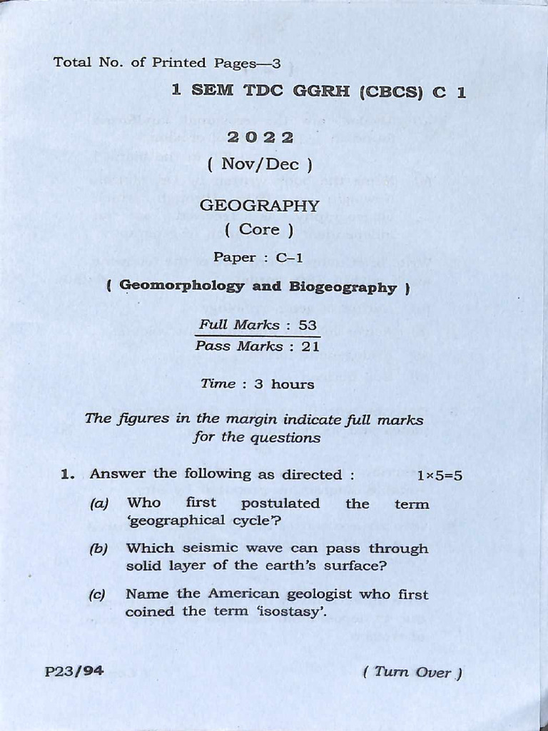 Geography 2022 1 Sem Paper C 1 | PDF