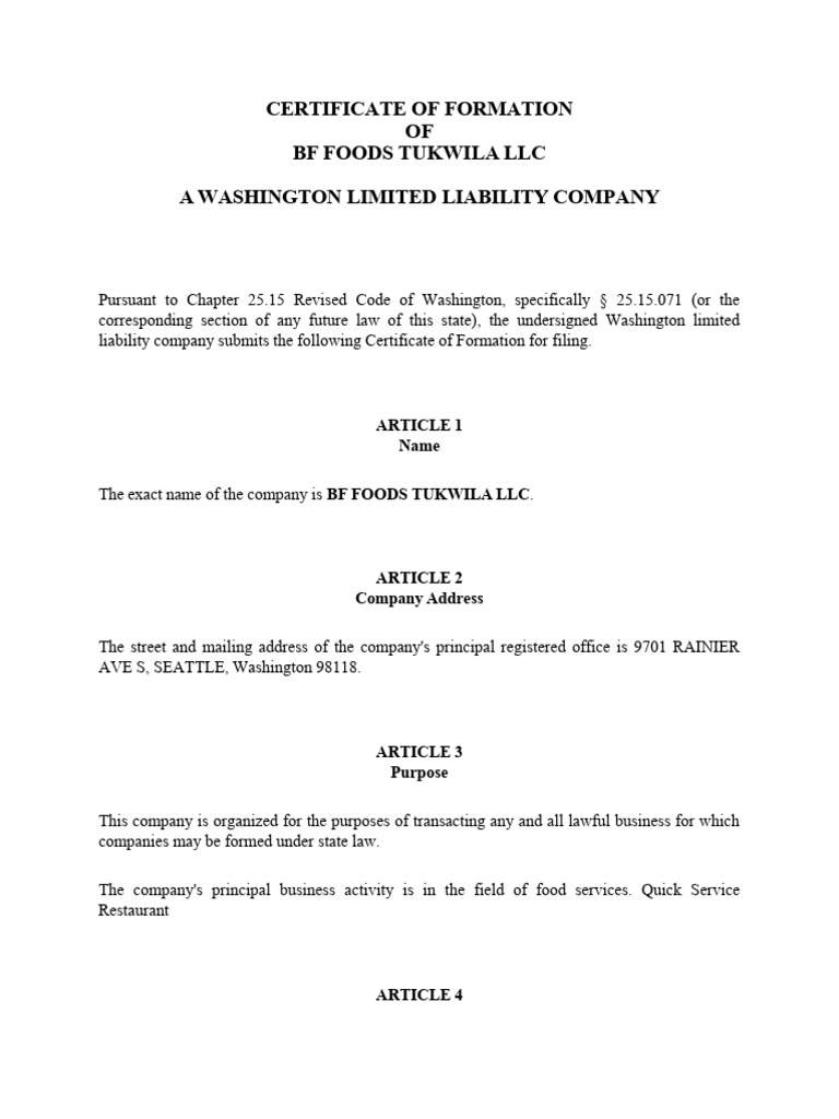 BF Foods Tukwila Certificate of Formation For LLC | PDF