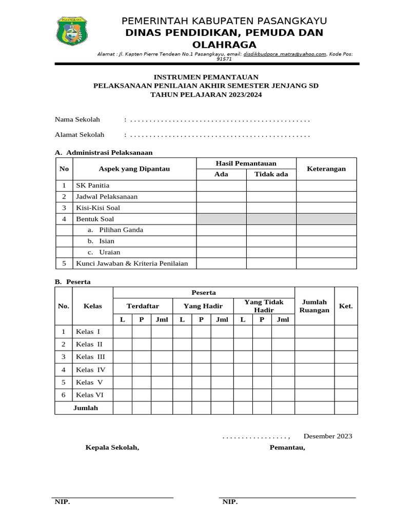 Instrumen Monitoring Pas SD 2023 | PDF