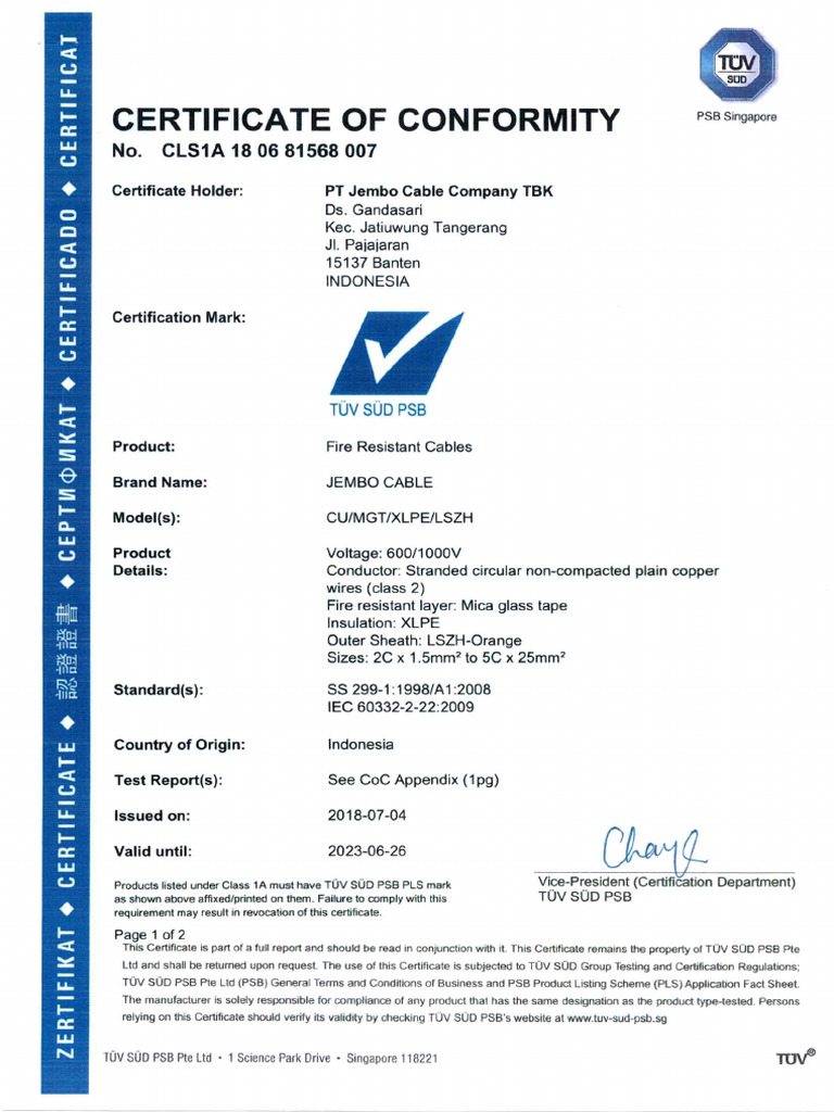 Sertifikat Kabel JEMBO | PDF