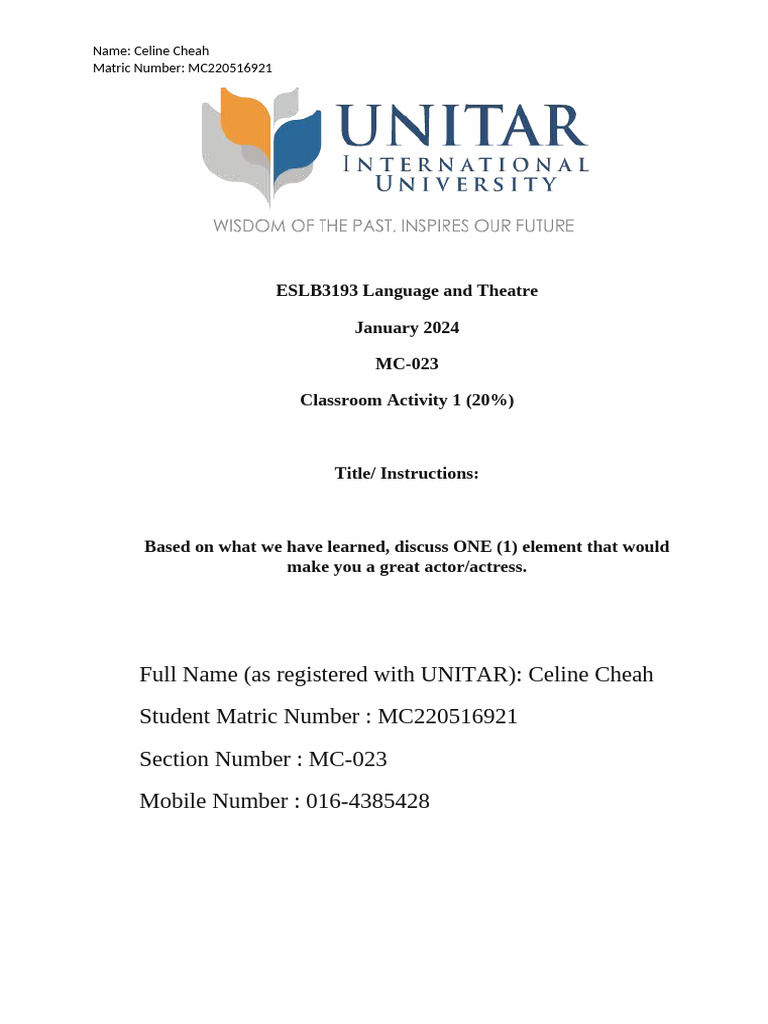 CLASSROOM ACTIVITY 1 ESLB3193 Language and Theatre | PDF
