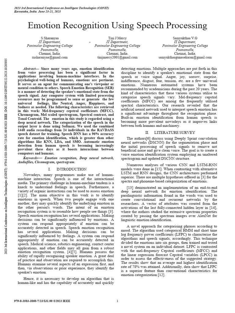 Emotion Recognition Using Speech Processing | PDF