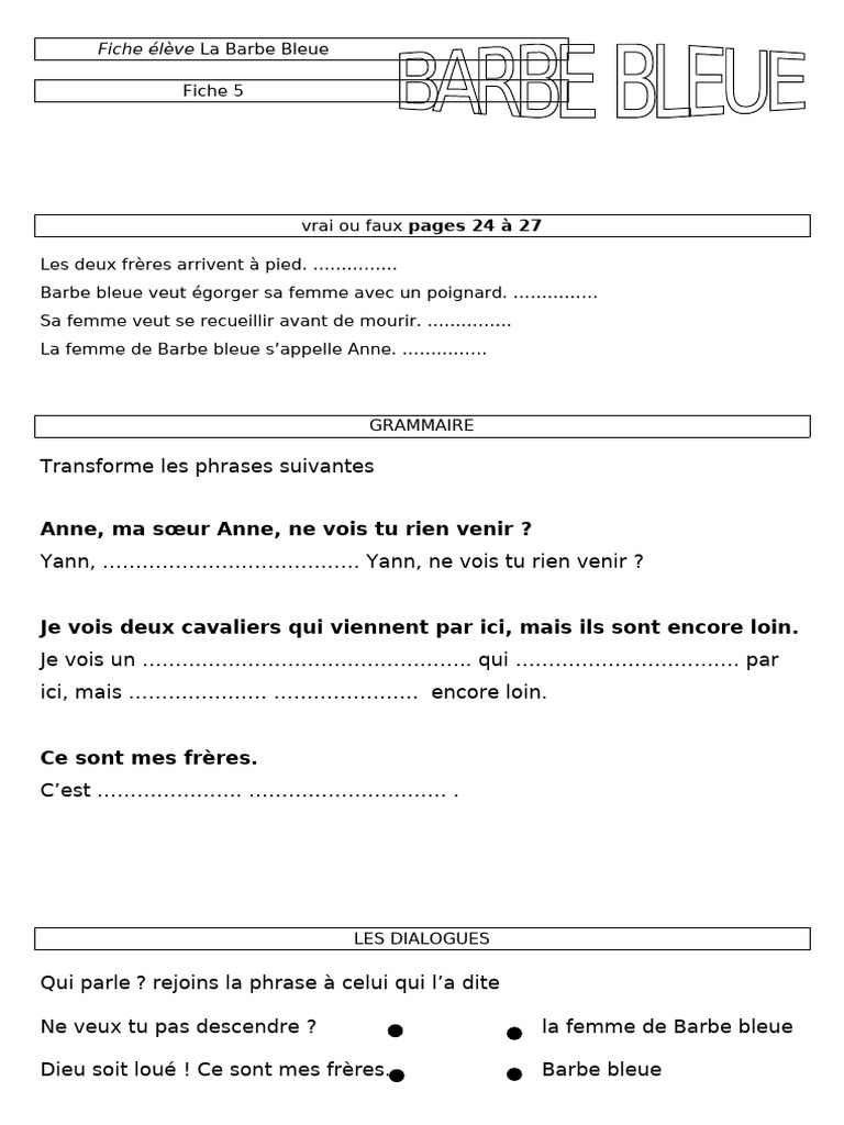 Fiche Eleve La Barbe Bleue 5 | PDF