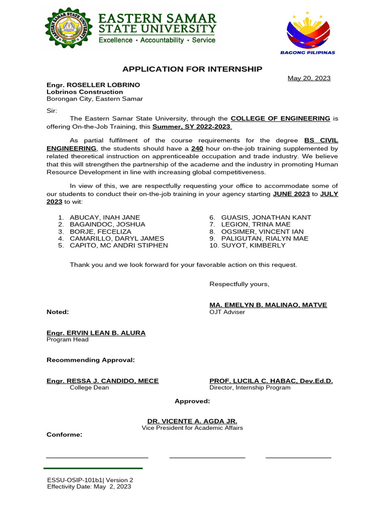 101b1 Application For Internship 2024 | PDF