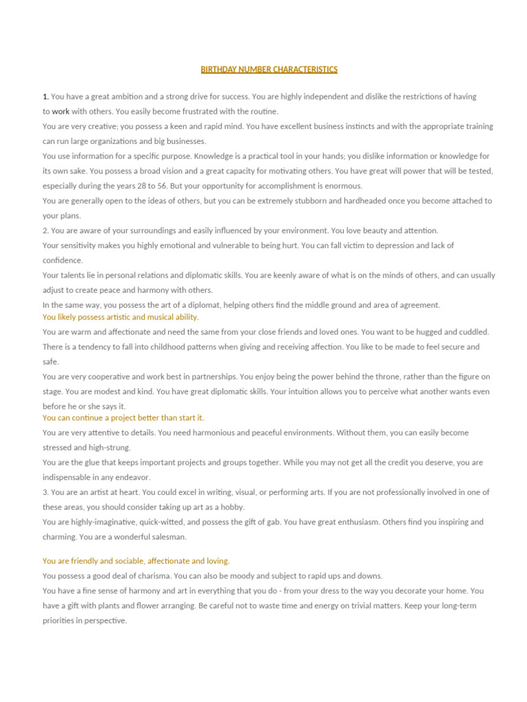 Birthday Number Characteristics | PDF