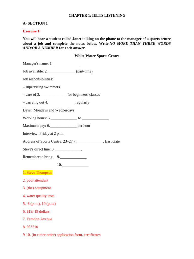 Ielts Listening Part 1 With Key Ex1 10 Pdf