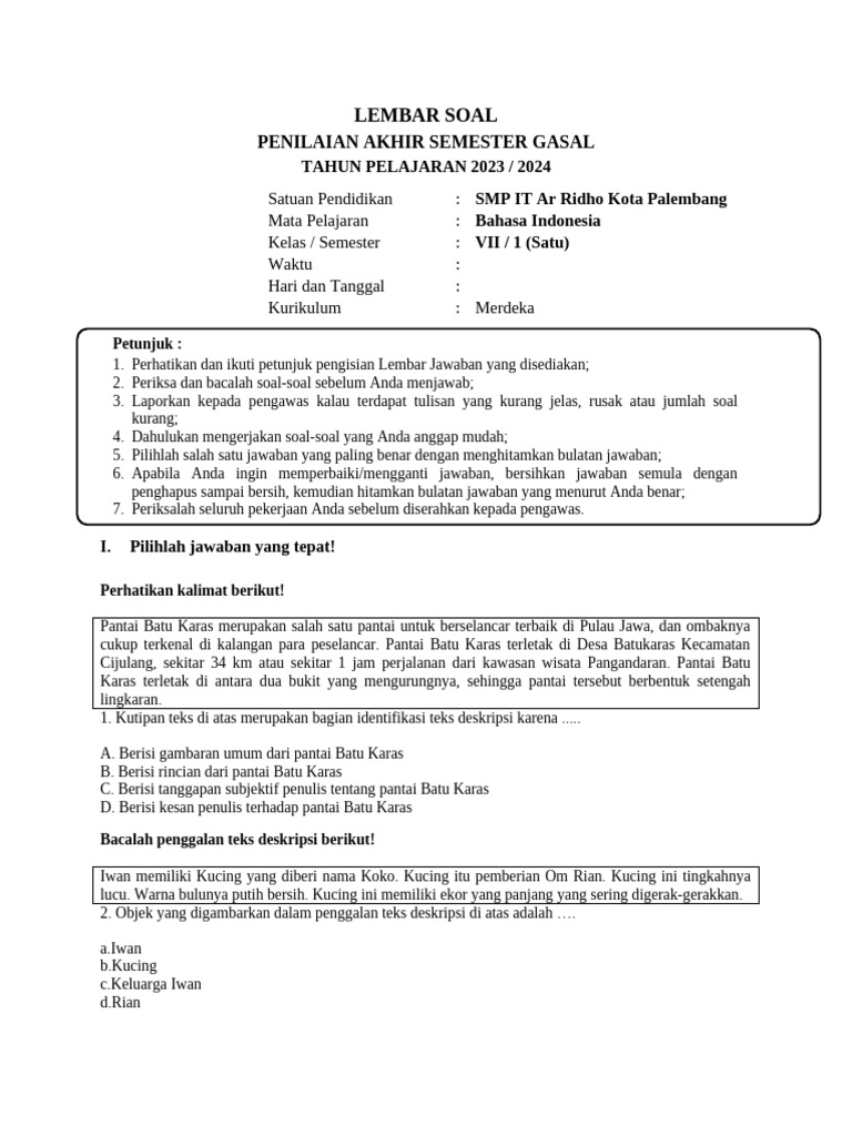 Soal Pas Bindo Kelas 7 | PDF