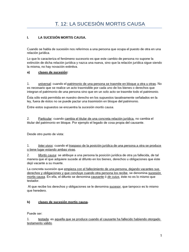 Tema 12 Sucesión Mortis Causa | PDF