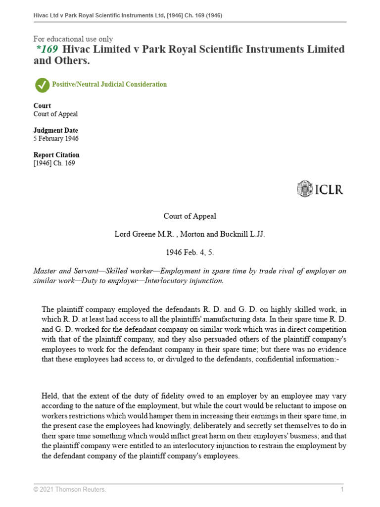 Hivac LTD V Park Royal Scientific Instruments LTD | PDF