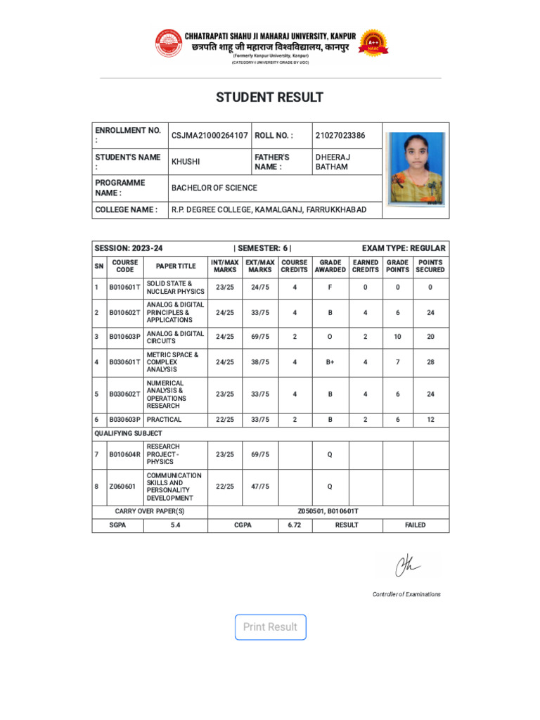 BSC 6th Semester Result Khushi | PDF