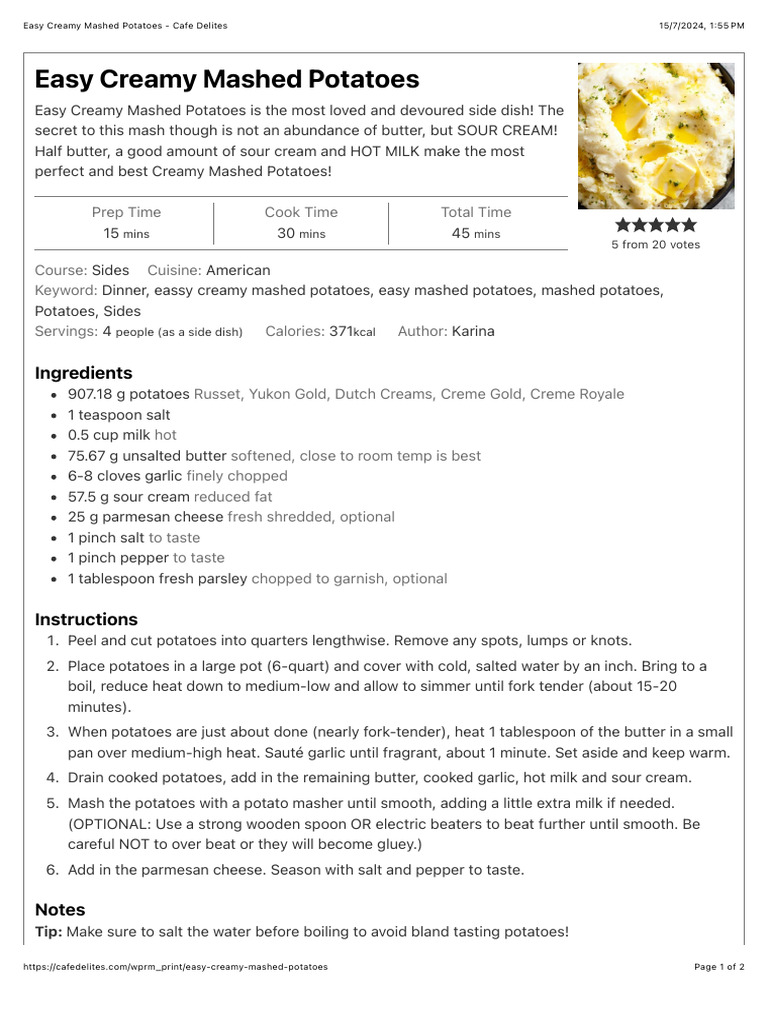Easy Creamy Mashed Potatoes - Cafe Delites | PDF