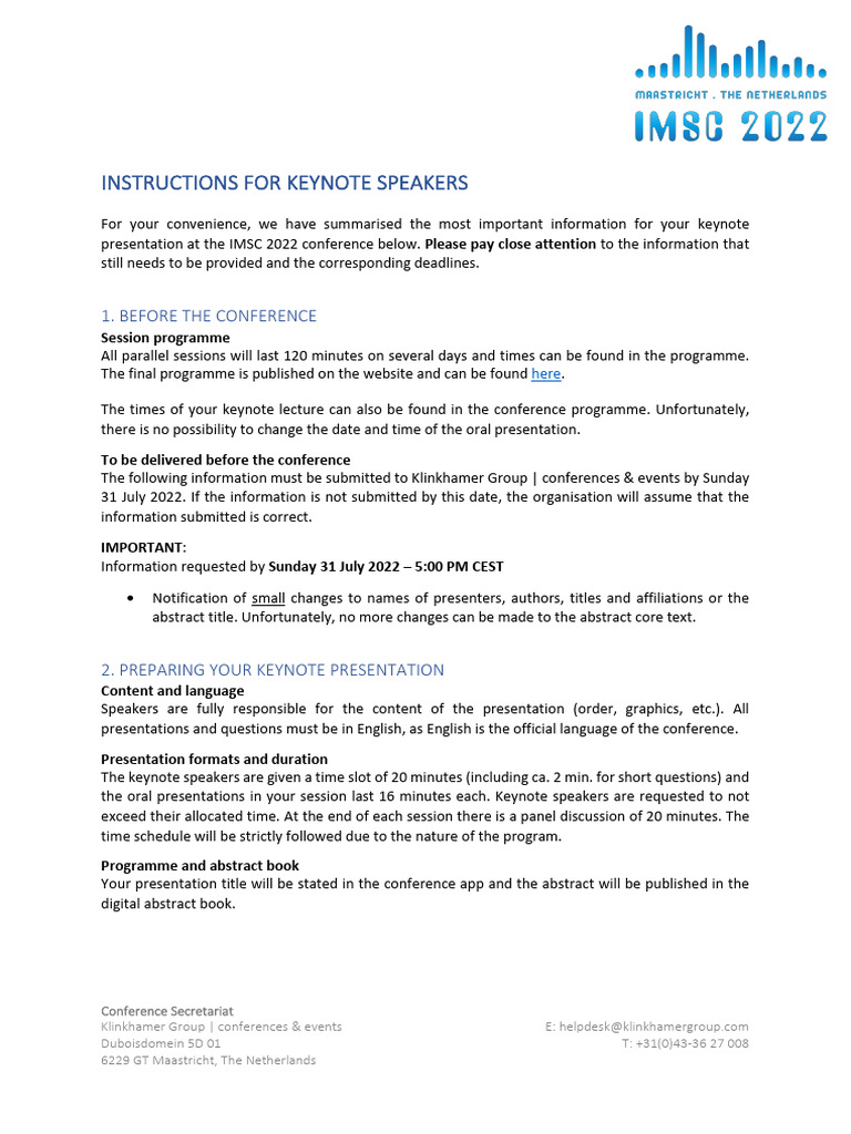 Imsc 2022 Instructions For Keynote Speakers Online Publication v2 | PDF