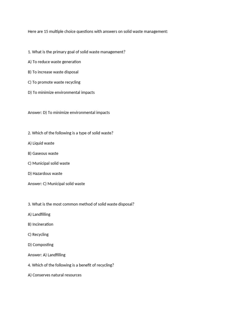 Solid Waste Management Quiz & Answers | PDF | Waste | Science & Mathematics