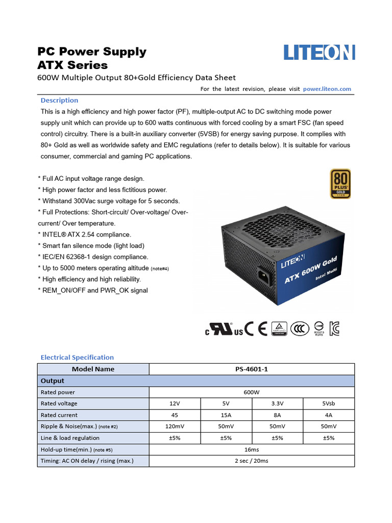 Datasheet PC Power 05 ATX Series 600W 80 Gold | PDF