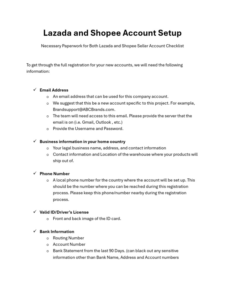 Lazada and Shopee Account Setup Checklist | PDF