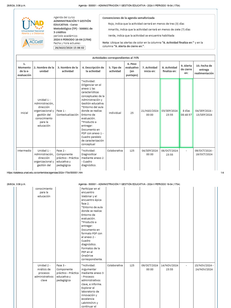 Agenda - 500001 - ADMINISTRACIÓN Y GESTIÓN EDUCATIVA - 2024 II PERIODO 16-04 (1704) | PDF