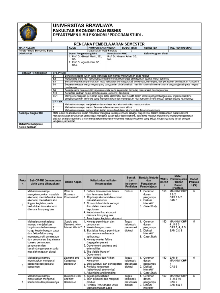 RPS Prinsip-Prinsip Ekonomika Bisnis (MHS) | PDF