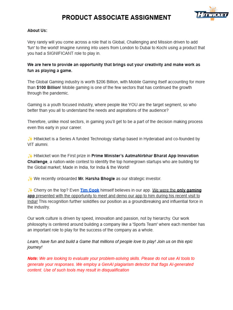 Product Associate Assignment - Hitwicket 2024 | PDF